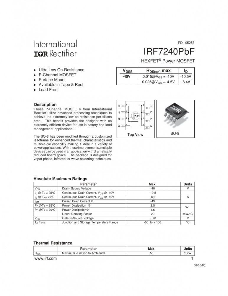 IRF7240TRPBF technical document page 1