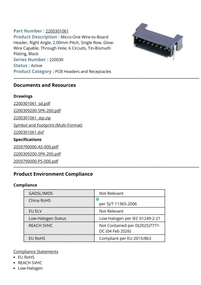 MOLEX 2200301061 technical document image, page 1