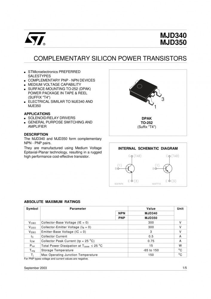 MJD340T4 datasheet page 1