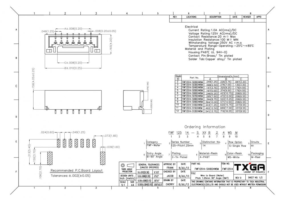 TXGA FWF12514 product drawing page 1
