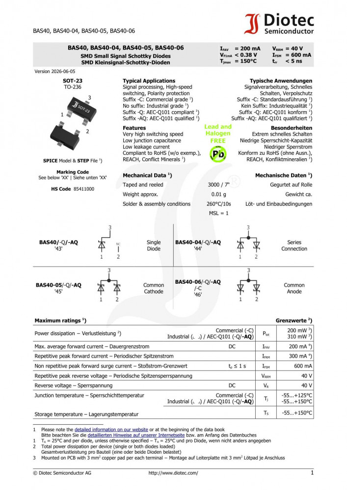 DIOTEC BAS40 family datasheet, page 1