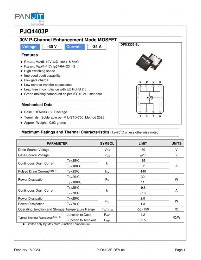 PJQ4403P datasheet page 1