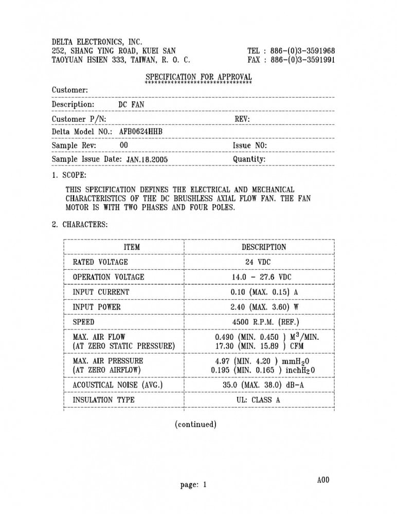 AFB0624HHB specification page 1