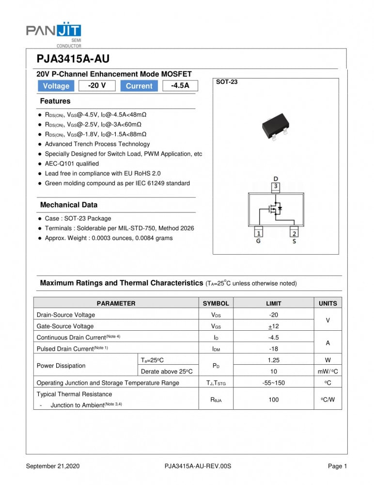 PJA3415A-AU datasheet page 1