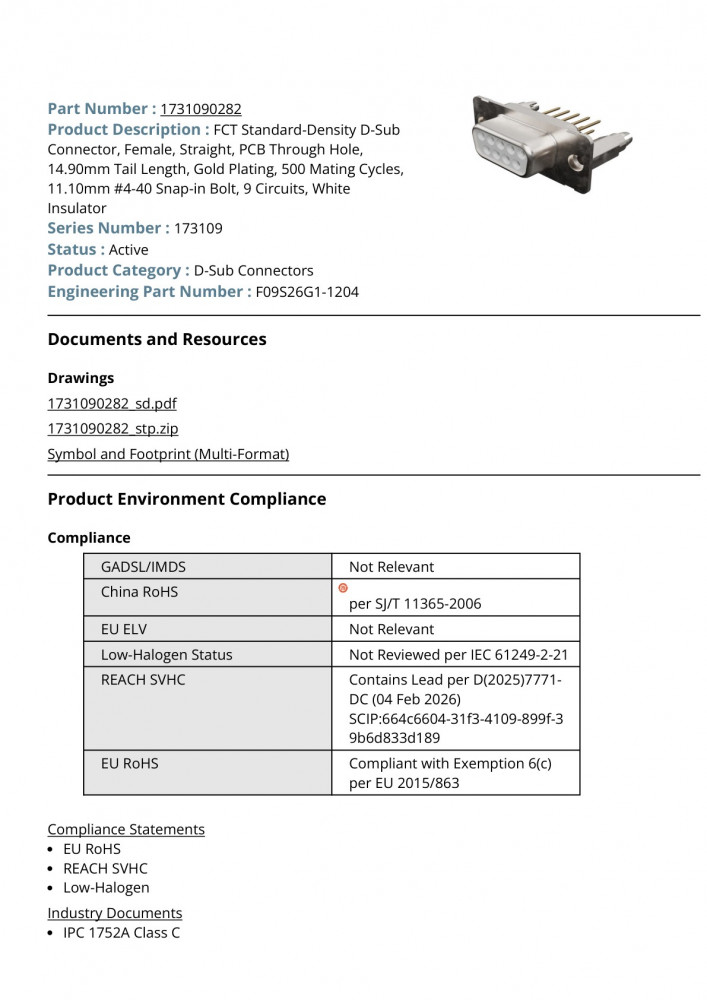 MOLEX 1731090282 product document image, page 1