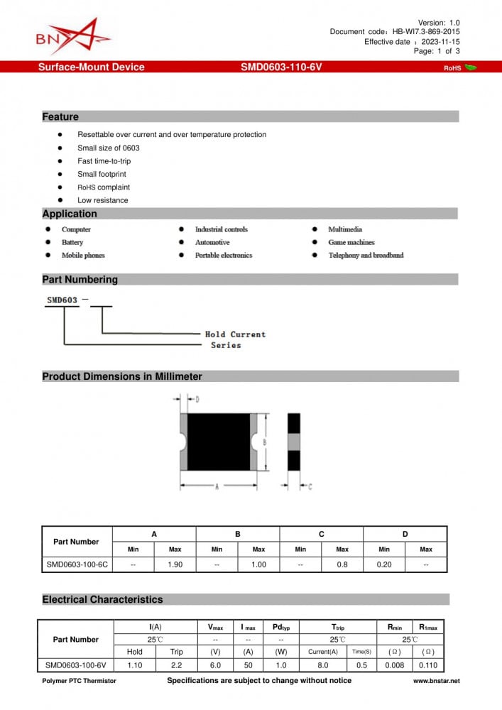 BNstar SMD0603-110-6V datasheet page 1