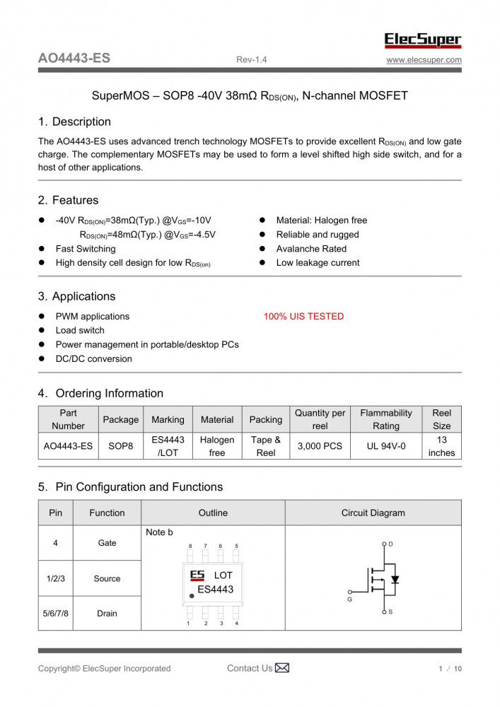 AO4443-ES datasheet page 1