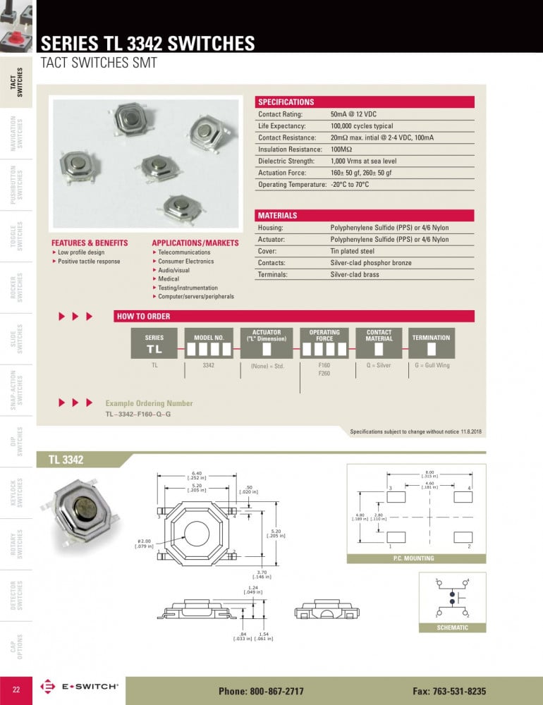 E-Switch TL 3342 series technical document