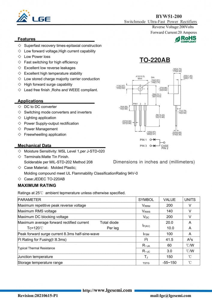 BYW51-200 datasheet page 1