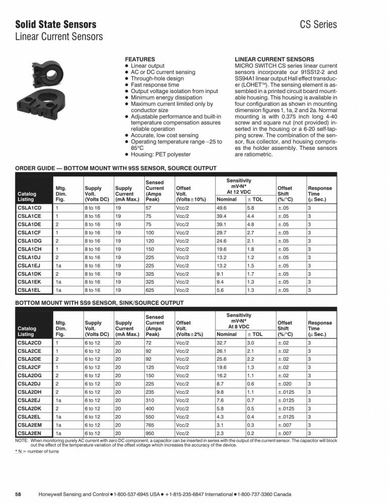 Honeywell CS series linear current sensor datasheet page 1