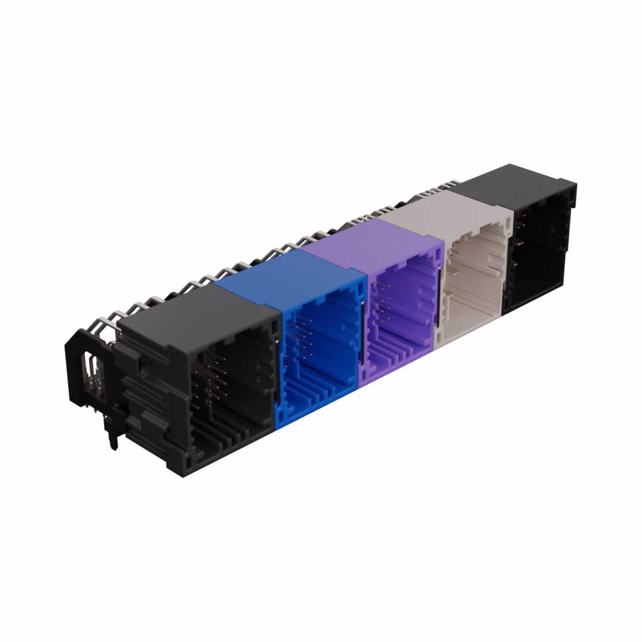 stAK50h 5 Bay Right-Angle Hybrid Header, 146 Circuits, Bay 1: 32 Circuits/Key 3/Dark Gray; Bay 2: 32 Circuits/Key 2/Blue; Bay 3: 32 Circuits/Key 4/Purple; Bay 4: 25 Circuits/Key 2/Gray; Bay 5: 25 Circuits/Key 3/Black; Tray for sale