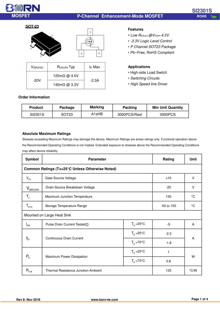 SI2301S datasheet page 1