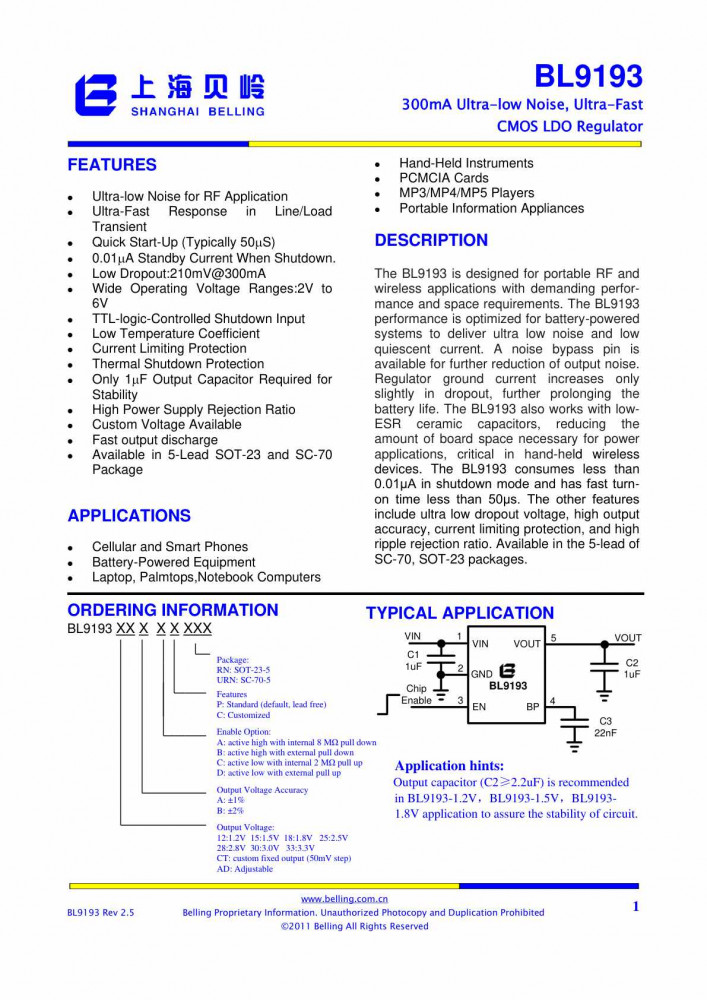 BL9193 datasheet page 1