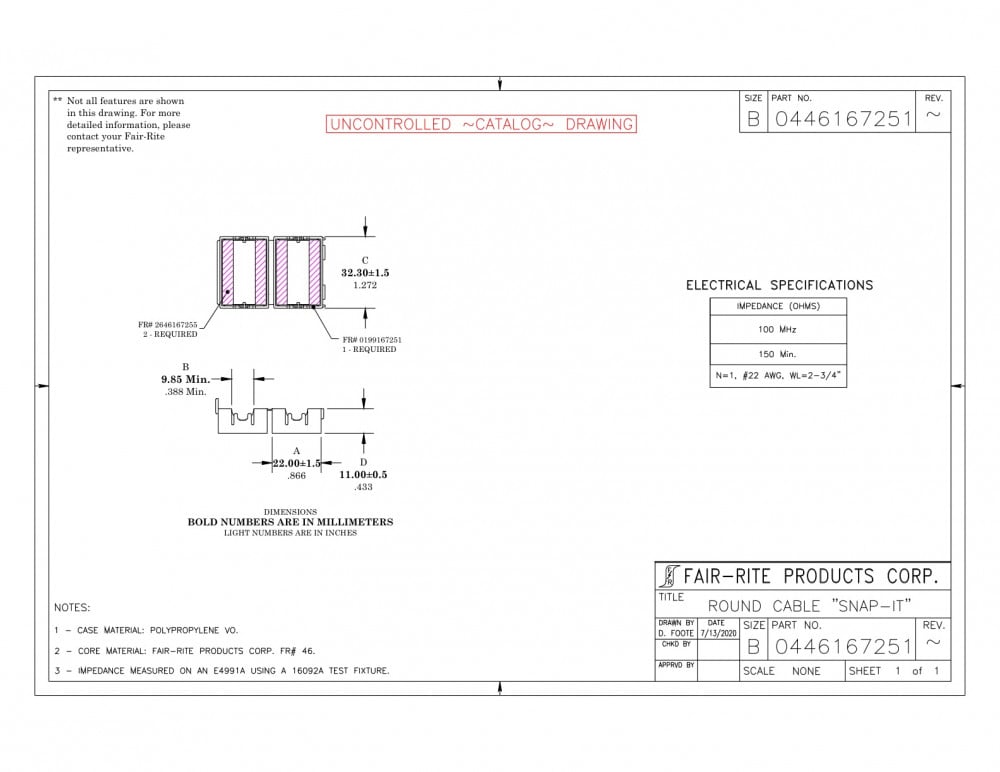 Fair-Rite 0446167251 technical drawing and electrical specification