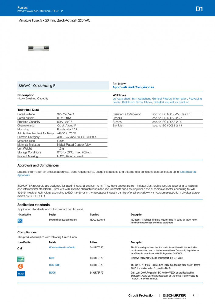SCHURTER 7010 series documentation page 1