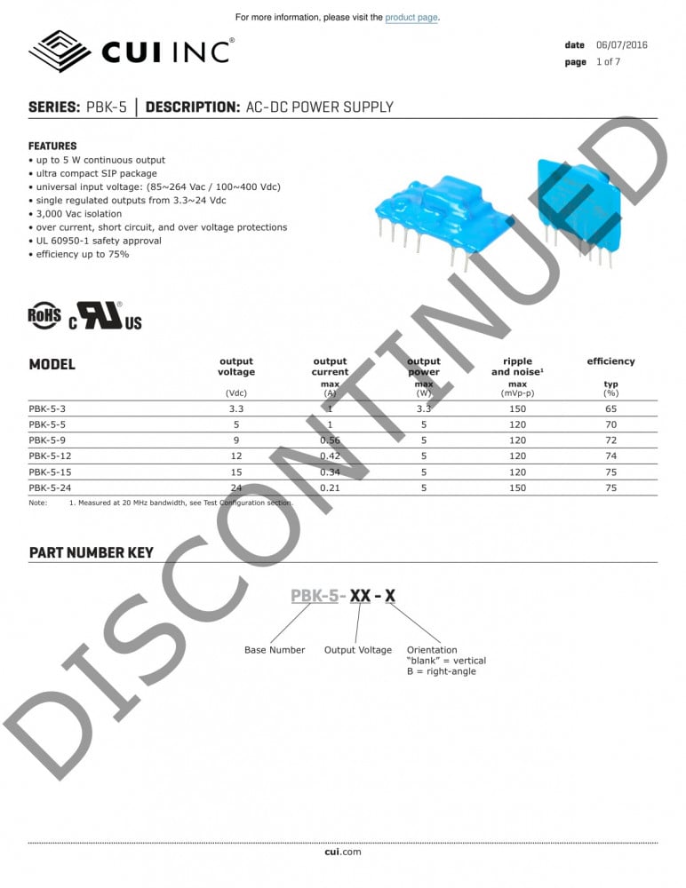 CUI PBK-5 series datasheet page 1
