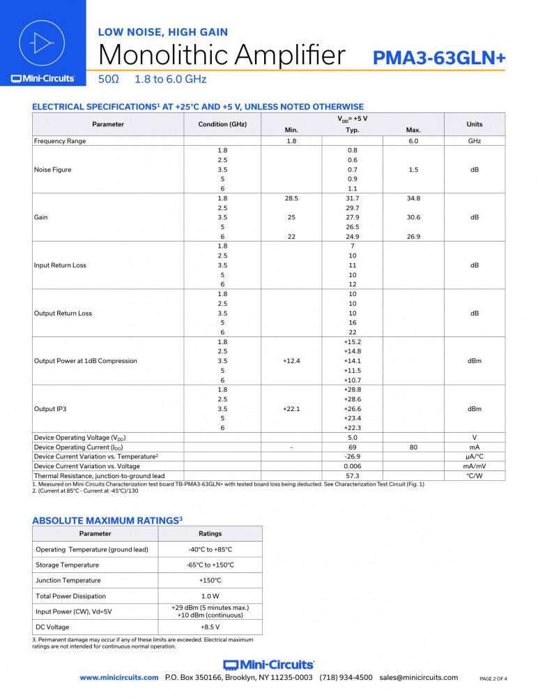 PMA3-63GLN+ technical document, page 2