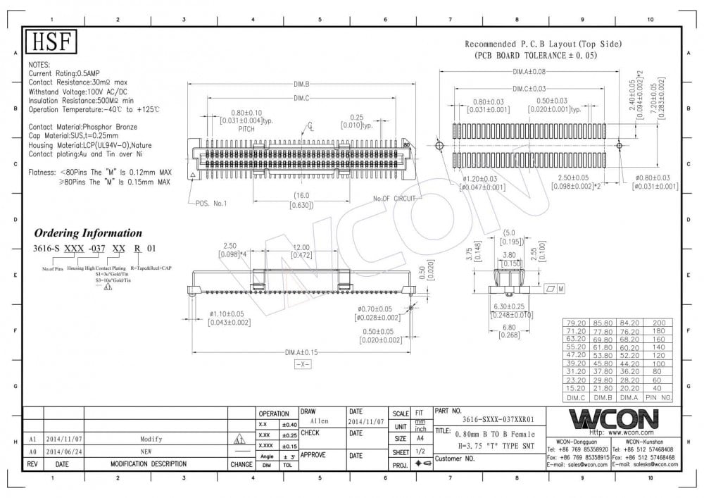 Wcon 3616-S040-037S1R01 technical drawing page 1