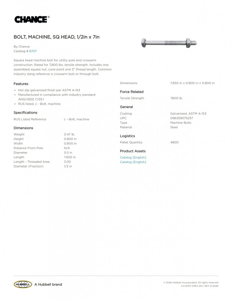 Burndy Chance 8707 square-head machine bolt product visual