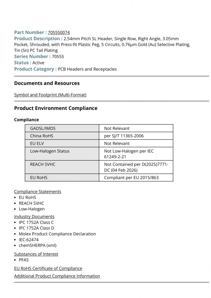 Technical document page 1 for MOLEX 705550074