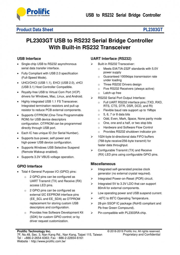 PL2303GT datasheet page 1