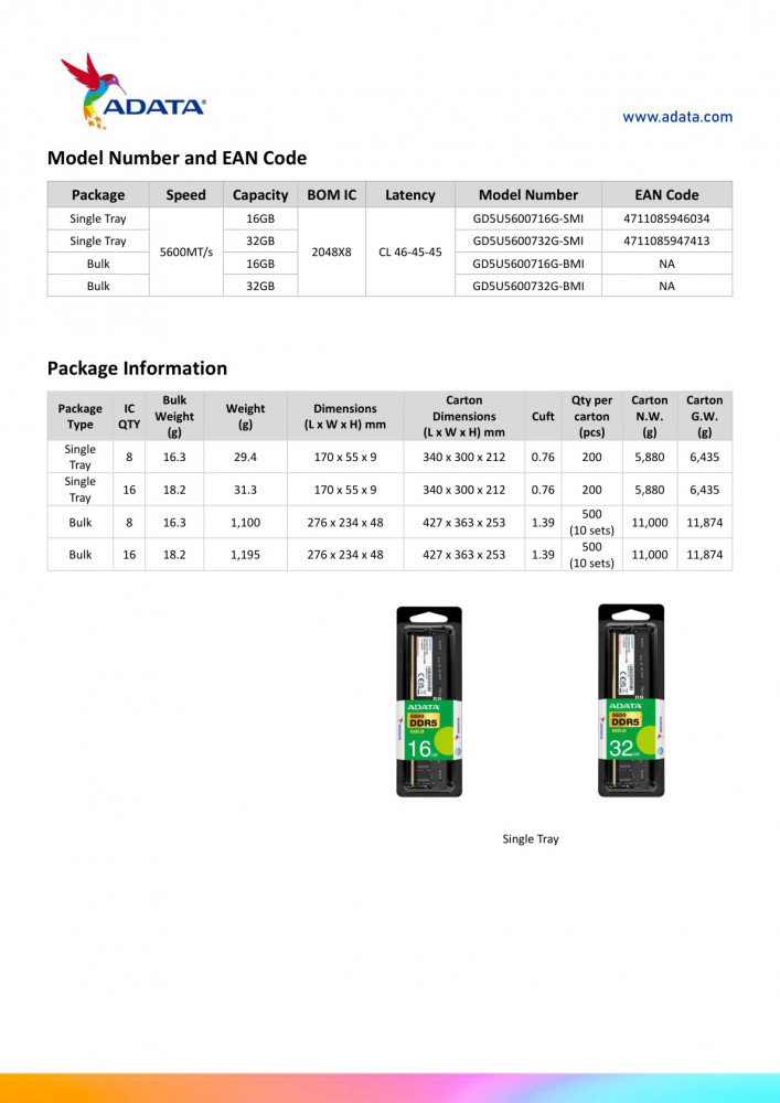 ADATA GOLD DDR5-5600 U-DIMM product document, page 2