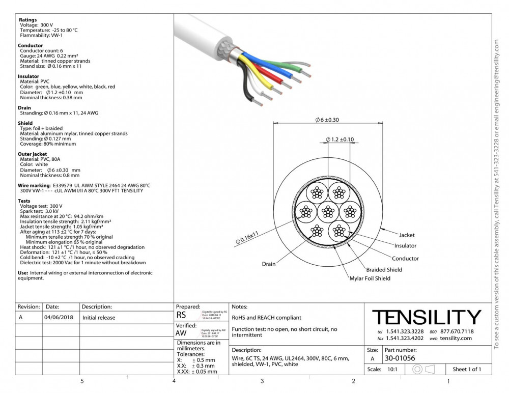 Tensility International 30-01056 technical drawing and cable specification sheet