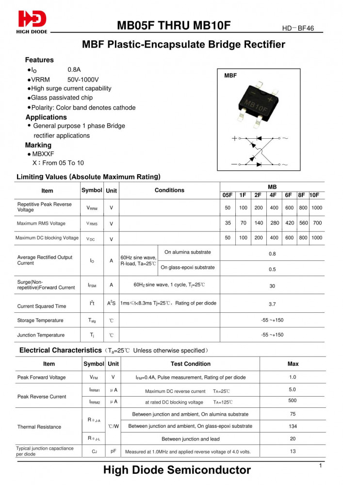 High Diode MB10F datasheet page 1