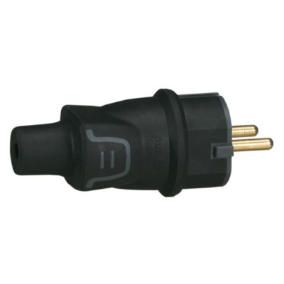 2P+E plug - 16A German standard rubber plug - IP44 protection - Straight screwed terminal connection - Black bulk configuration for sale