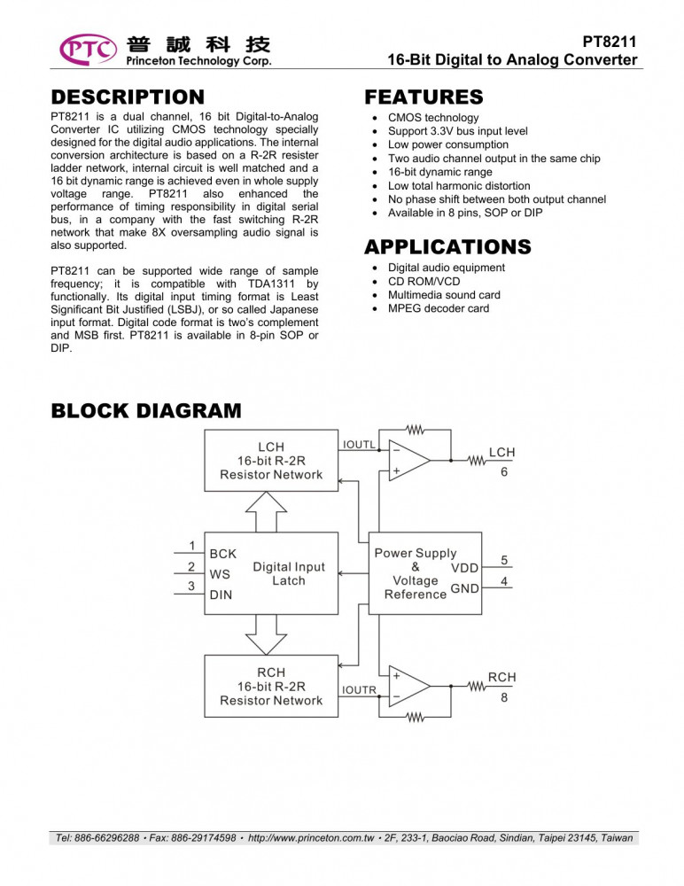 PT8211 datasheet page 1