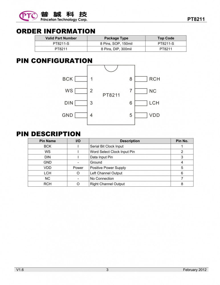 PT8211 datasheet page 3
