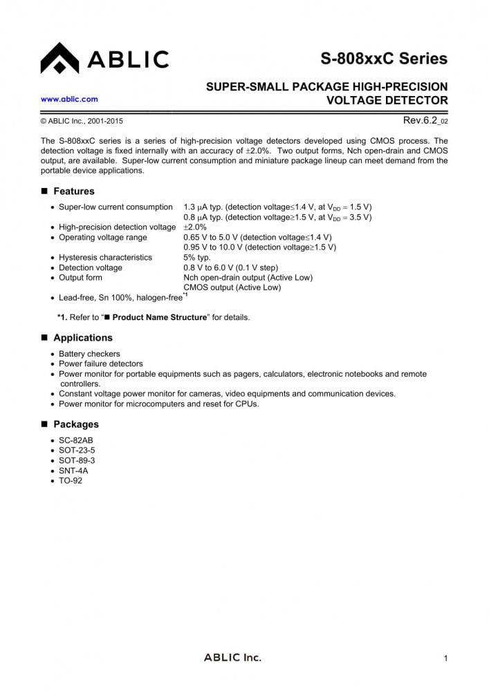 ABLIC S-808xxC datasheet page 1