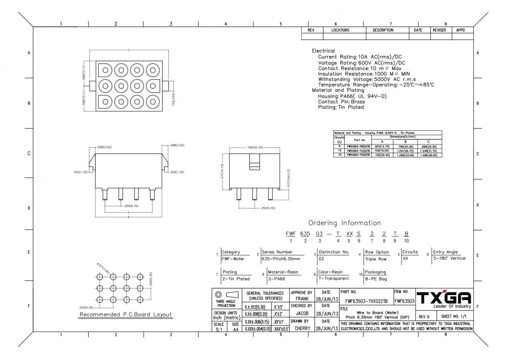 TXGA FWF63503-T09S22TB technical drawing