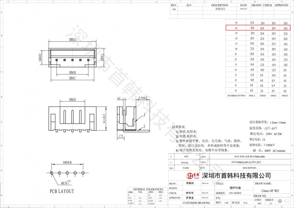 SHOU HAN 2.0mm-14P WZ drawing page 1