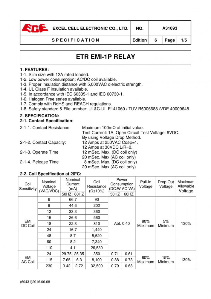 ECE ETR relay datasheet page 1