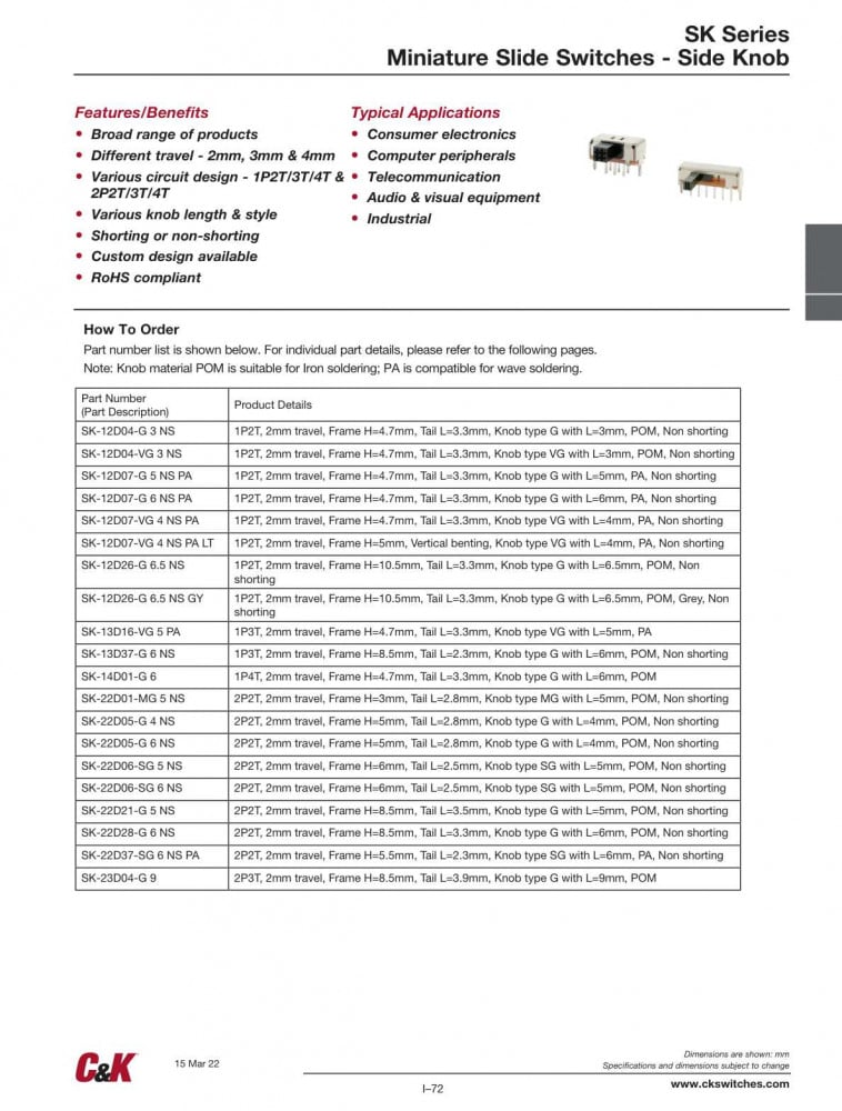 C&K SK series datasheet page 1