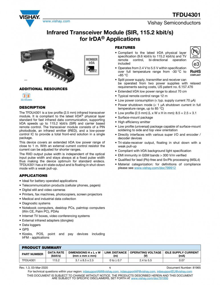 TFDU4301 document page 1