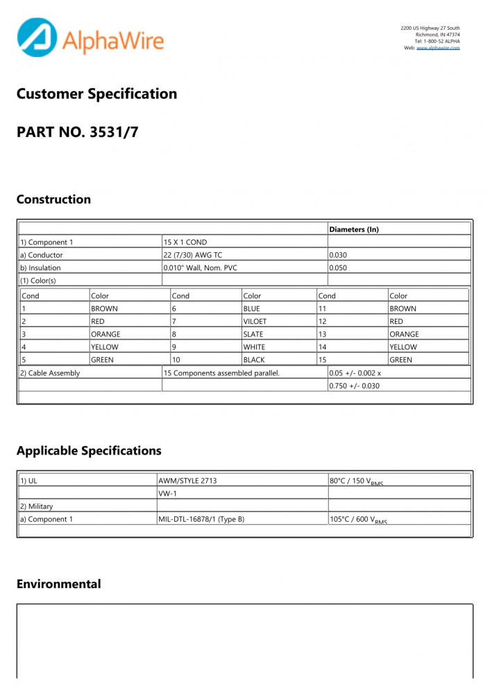 Alpha Wire 3531/7 MC005 technical document page 1