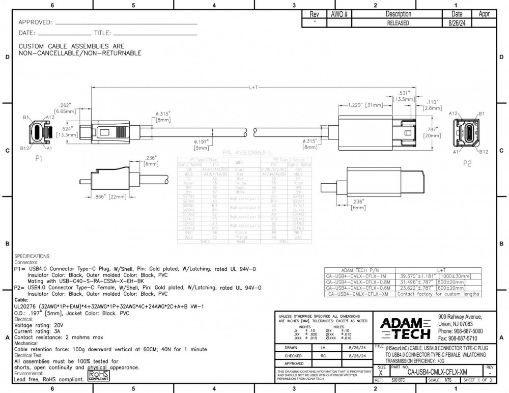 ADAM TECH USB4 cable assembly drawing, page 1