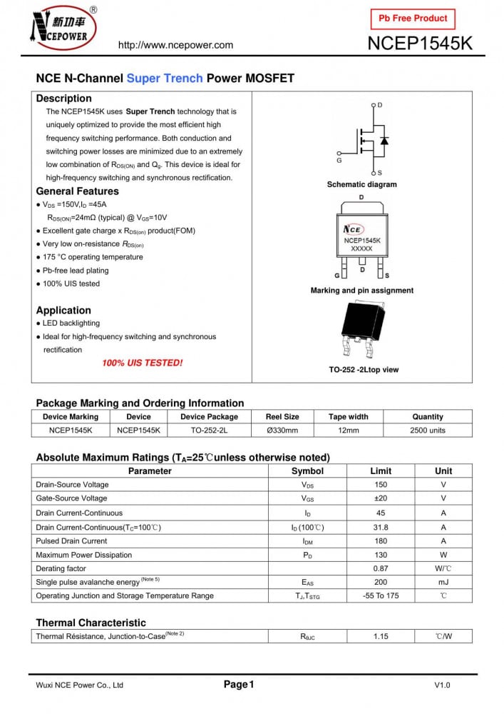 NCEP1545AK datasheet page 1