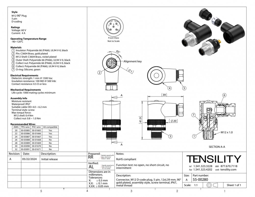 Tensility International 55-00280 M12 D-code five-pin right-angle plug product drawing