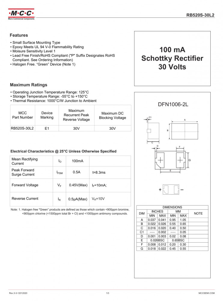 MCC RB520S-30L2-TP datasheet page 1