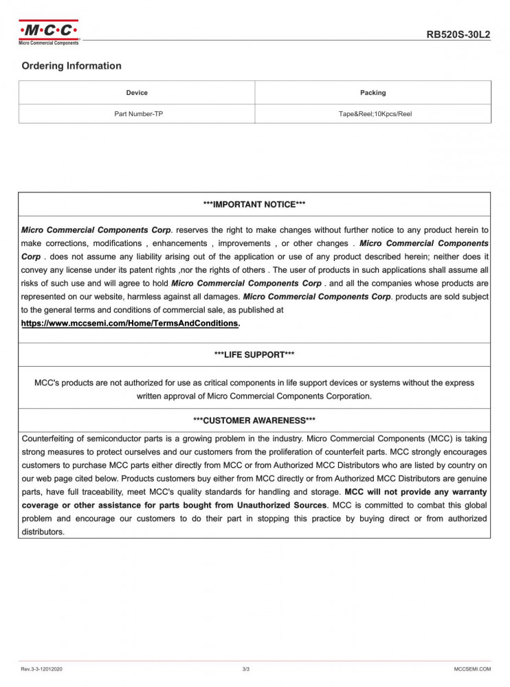 MCC RB520S-30L2-TP datasheet page 3
