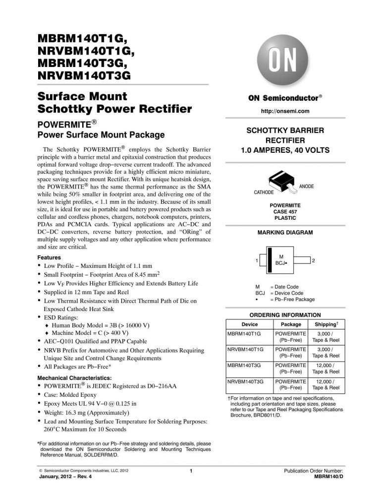 MBRM140T1G datasheet page 1