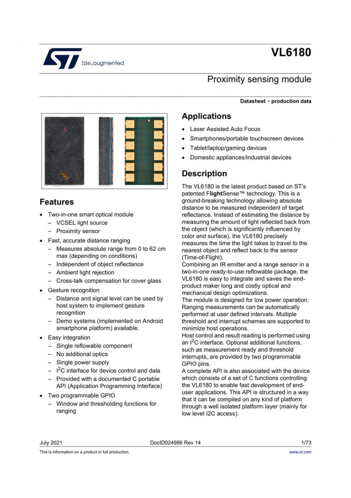 VL6180 datasheet page 1