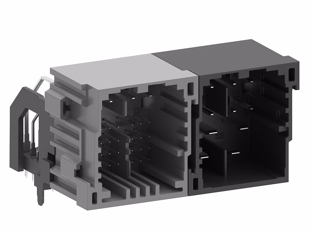 stAK50h 2 Bay Right-Angle Hybrid Header, 44 Circuits, Bay 1: 32 Circuits/Key 3/Dark Gray; Bay 2: 12 Circuits/Key 1/Black; Tube