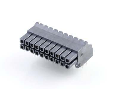 Micro-Fit BMI Receptacle Header, Dual Row, Right-Angle, with Press-fit Plastic Pegs, 0.38µm Gold (Au) Selective Plating, Mylar Positioning Strip, 6 Circuits