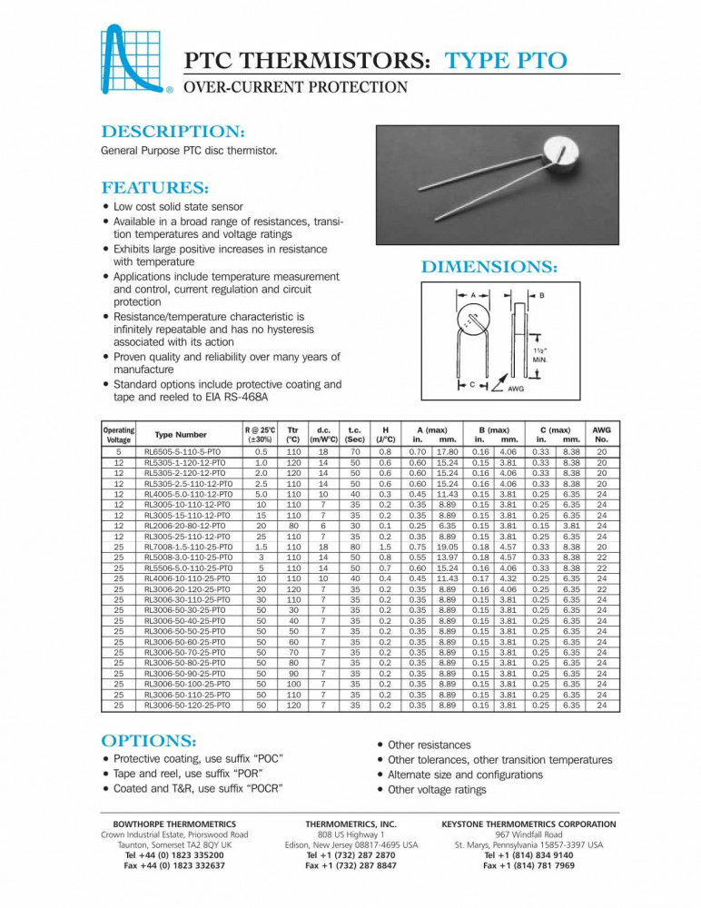Amphenol RL series PTC thermistor technical document page 1