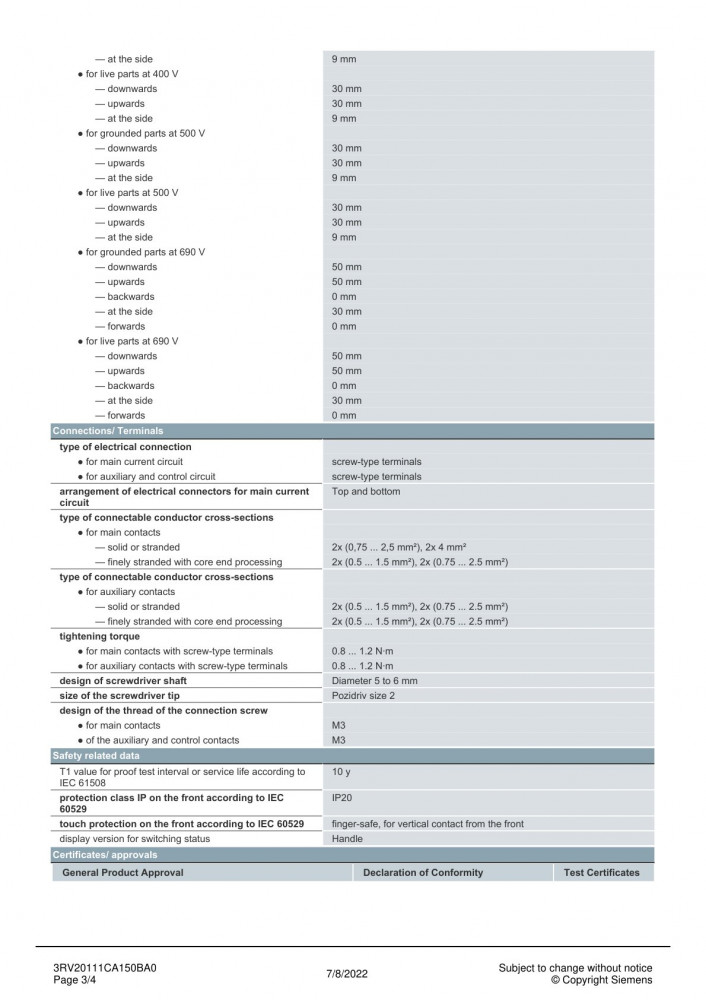 3RV20111CA150BA0 datasheet page 3