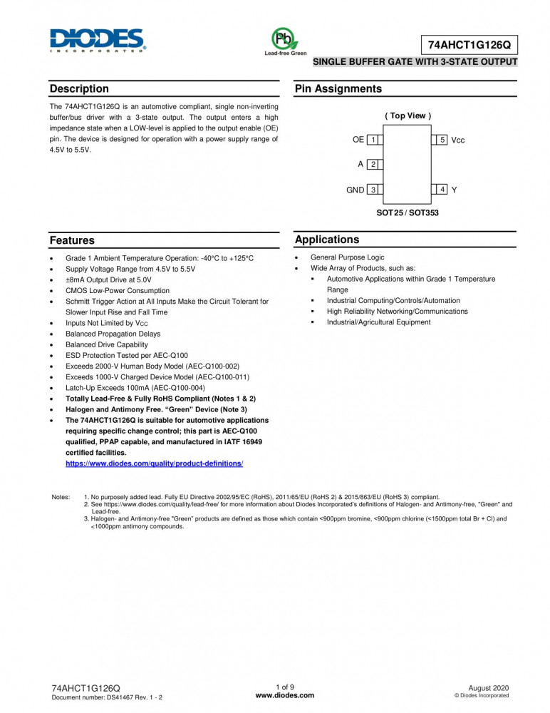 74AHCT1G126QSE-7 datasheet page 1